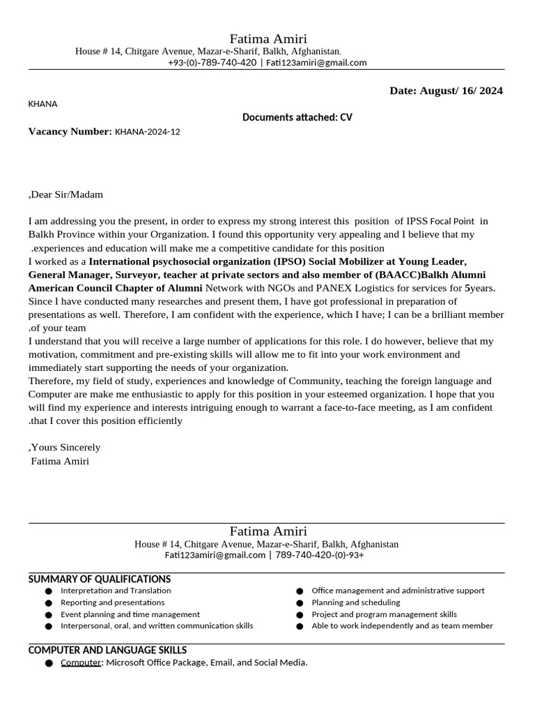 Fatima Amiri - Resume Final To Apply | PDF | Learning