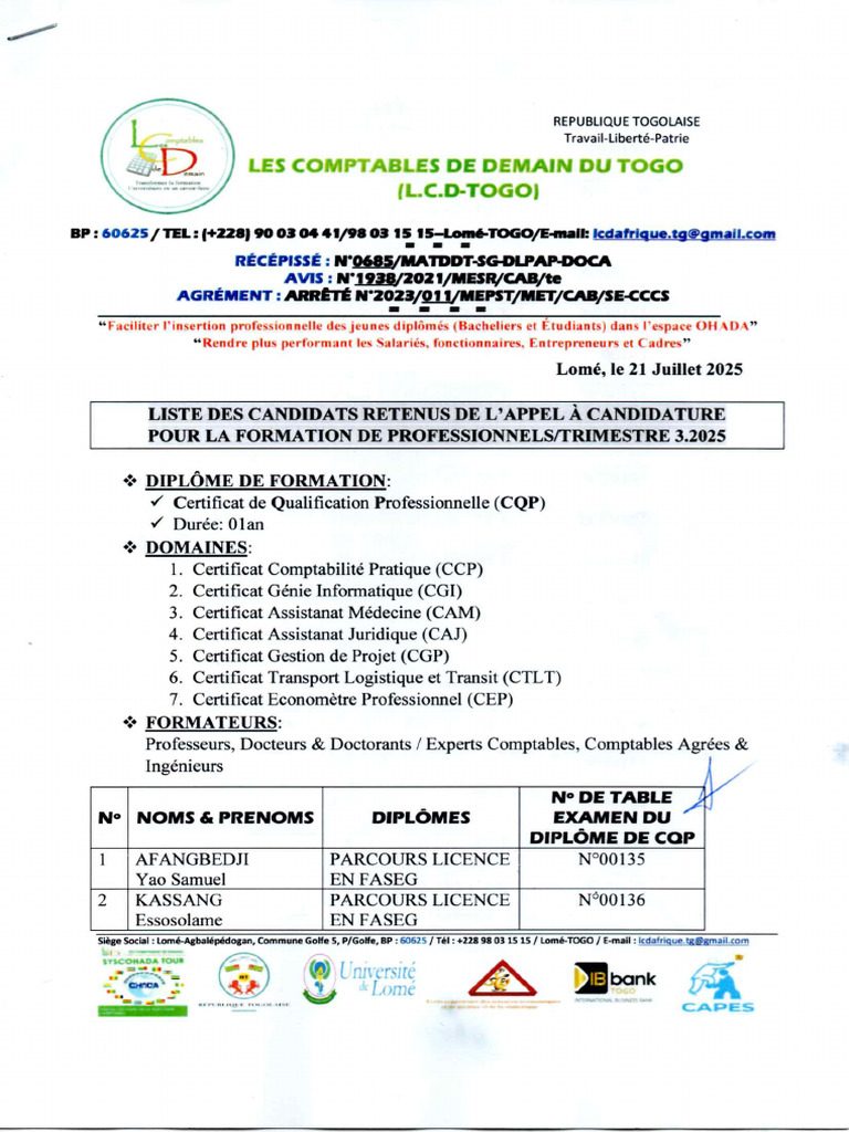 Liste Des Candidats Retenus LCD t3. 2025 | PDF