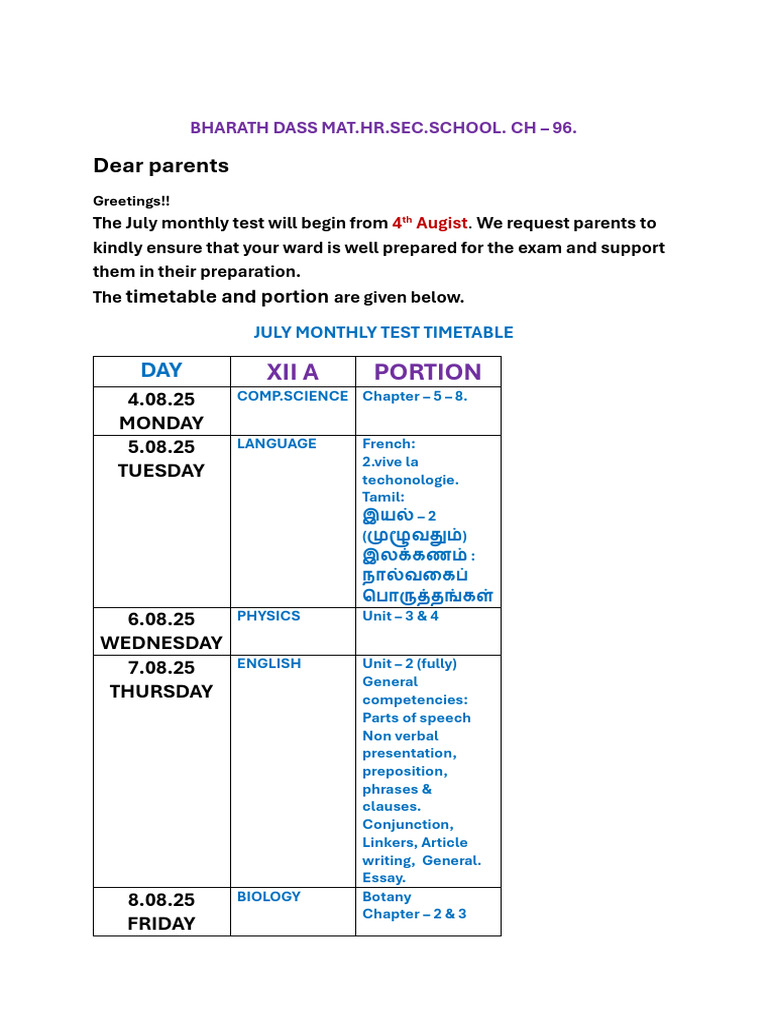 Xii A - July Monthly Test Timetable & Portion-1 | PDF