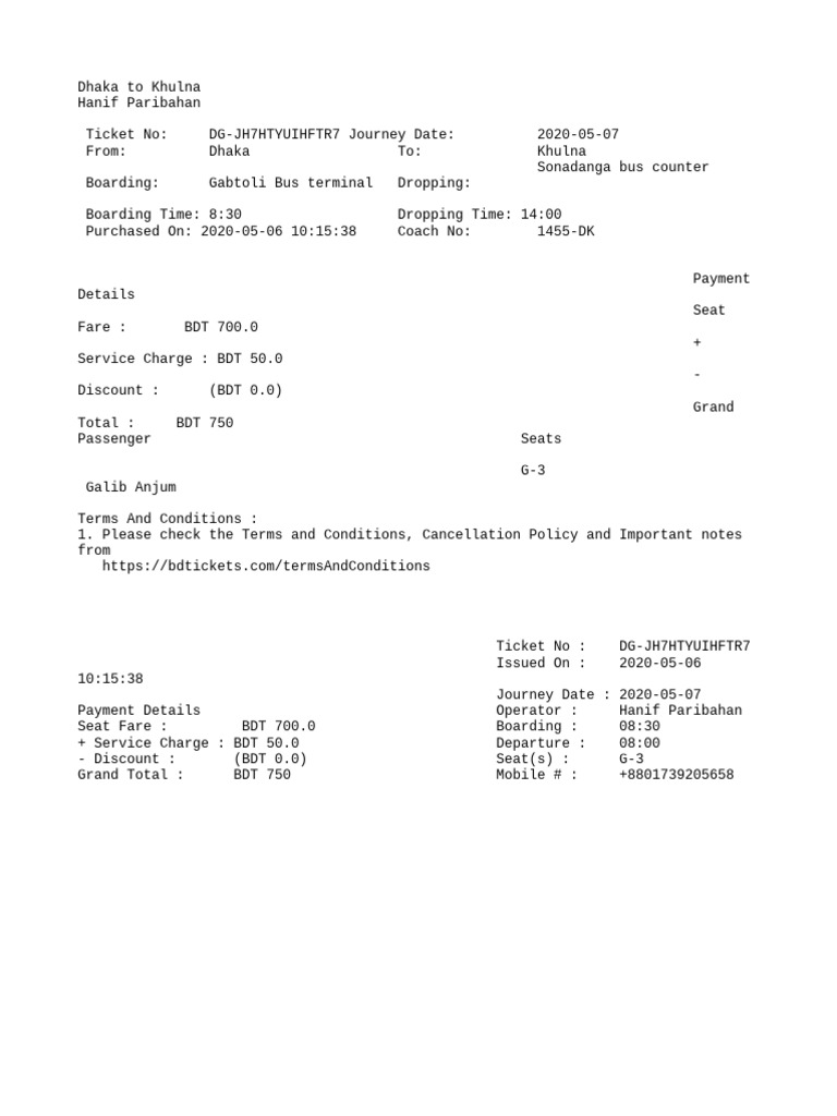 Hanif Paribahan Ticket: Dhaka to Khulna | PDF