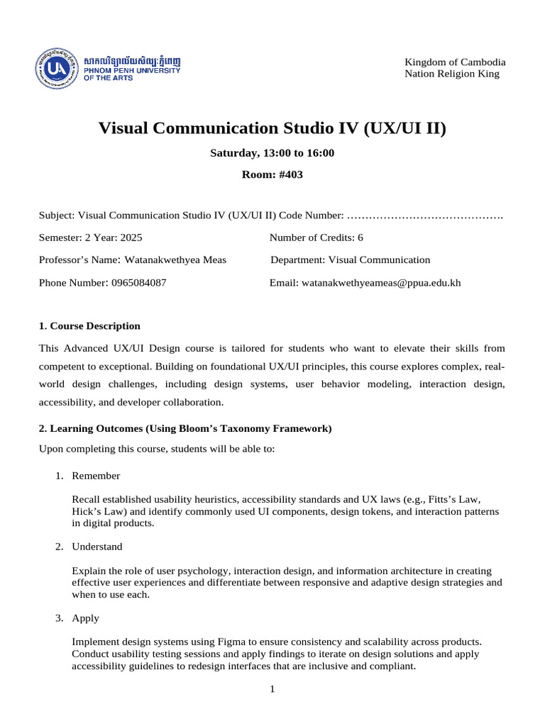 PPUA - Syllabus - Visual Communication Studio IV (UX - UI II) | PDF | Usability | User Interface