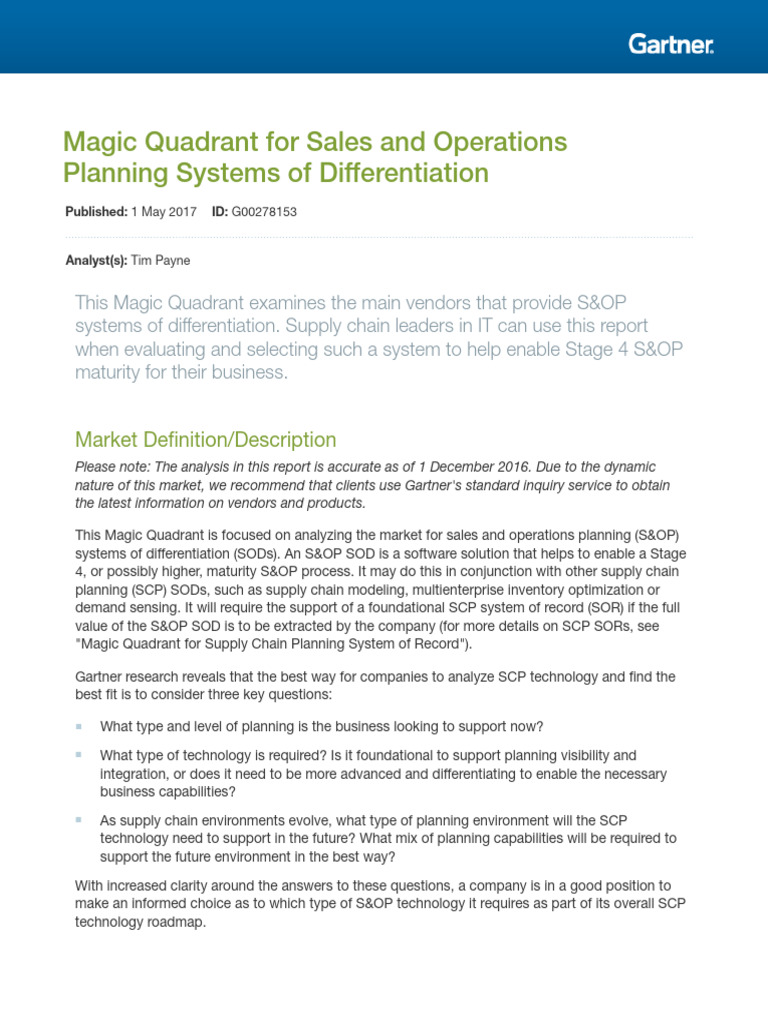 2017 Gartner Magic Quadrant for S&OP | PDF | Supply Chain | Cloud Computing