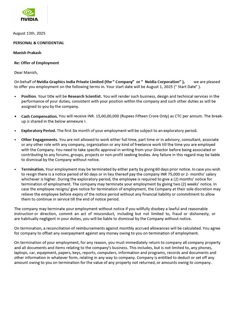 Nvidia Employment Offer Letter | PDF | Trade Secret | Employment