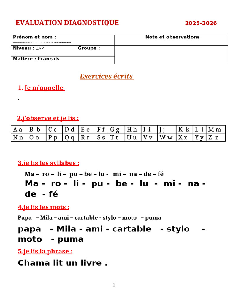 Évaluation diagnostique Français 1AP | PDF
