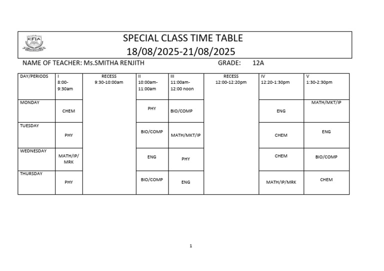 Updated Special Class Time Table (18 - 08 To 21-08-2025 - 12a | PDF