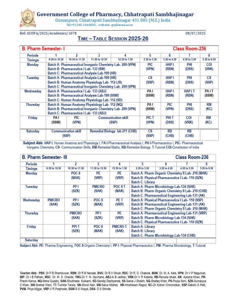 Timetable 25-26 ODD 09-07-25 | PDF | Biochemistry | Chemistry