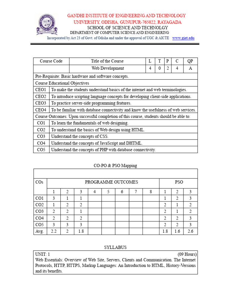 BTech I Sem WB Syllabus | PDF | Html | Html Element