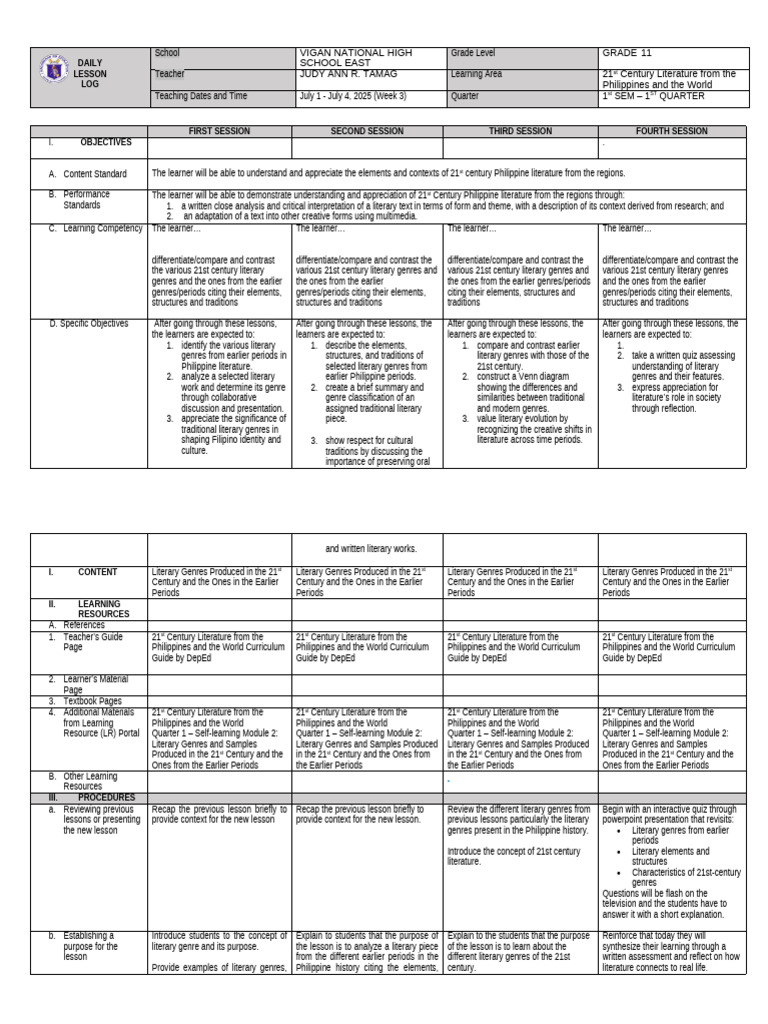 21ST Cent Lit Q1 Week 3 DLL (Judy) | PDF | Genre | Literary Criticism