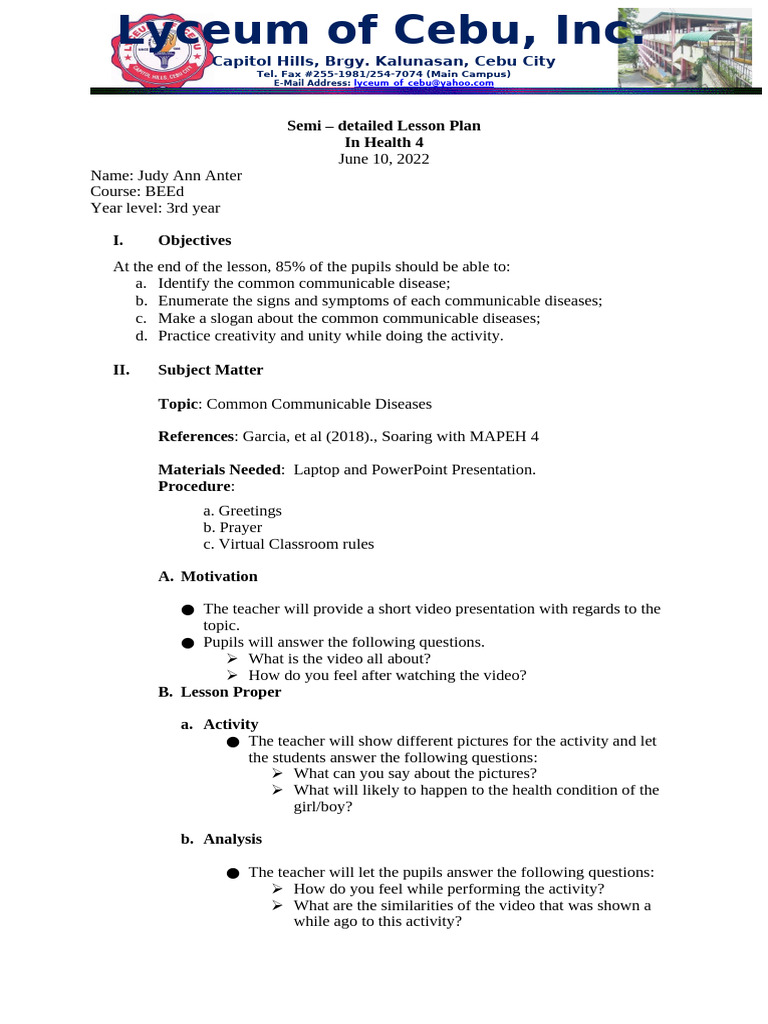 Share Semi - Detailed Lesson Plan in Health 4 | PDF | Lesson Plan
