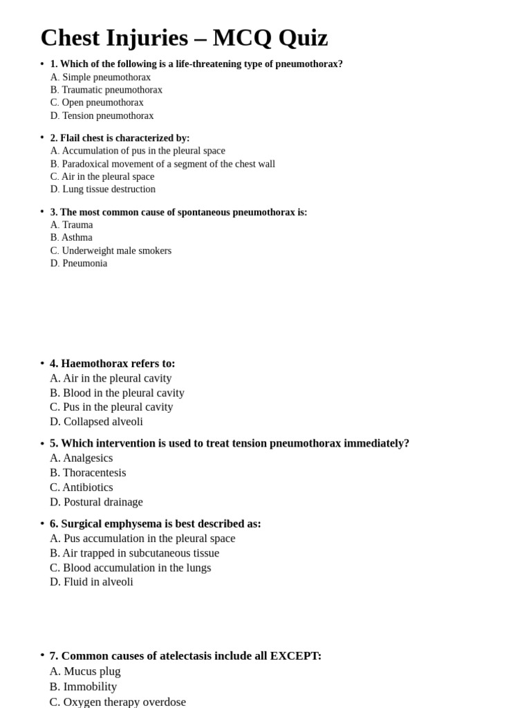 Chest Injuries MCQ Quiz for Medical Students | PDF | Respiratory ...