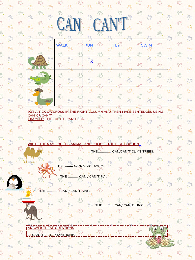 Animal Abilities: Can or Can't Activities | PDF