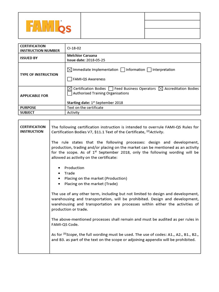 FAMI-QS Certification Instruction Update | PDF