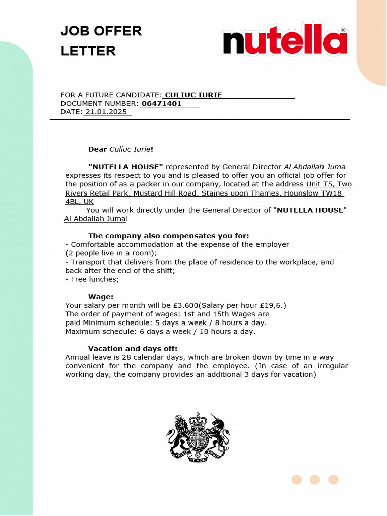 Job Offer Letter for Nutella House | PDF