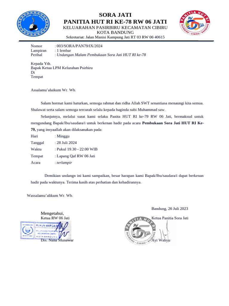 Surat Undangan Pentas Kreasi Seni RW 06 Jati (Bapa LPM) | PDF