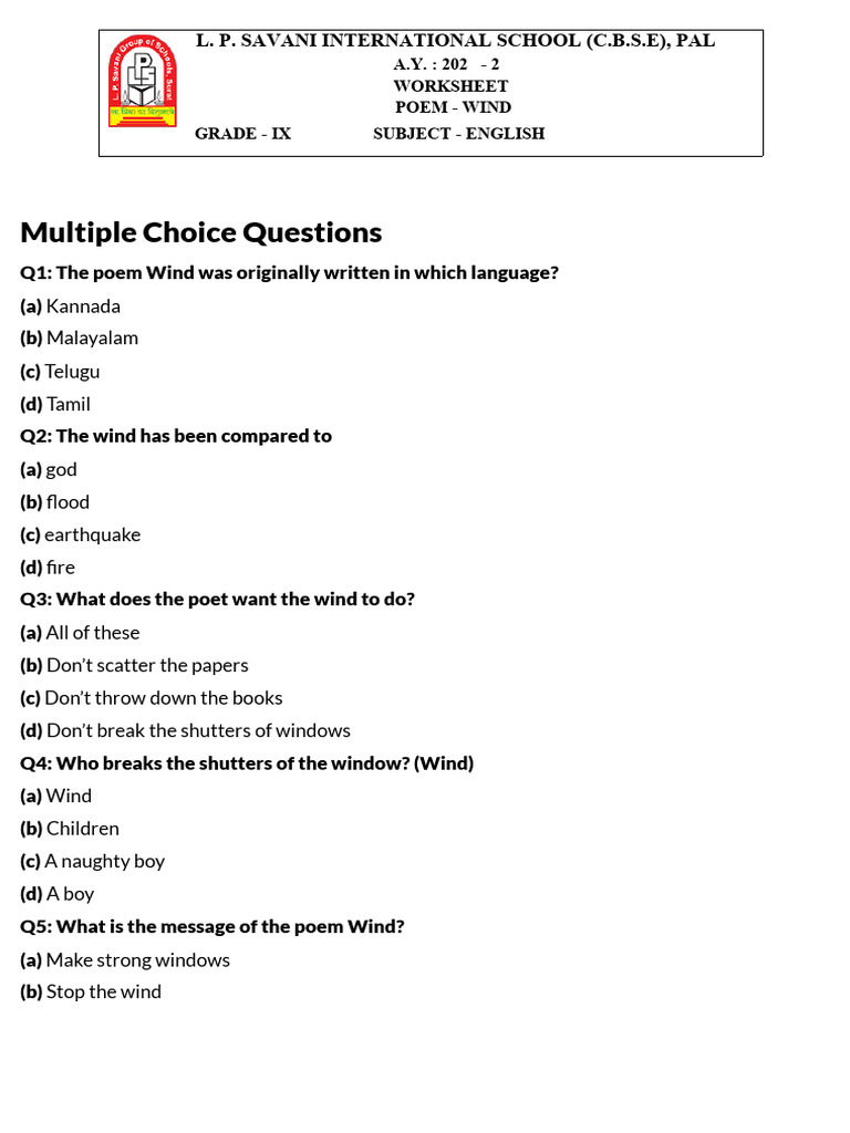 Class 9 English Poem Wind Worksheet | PDF