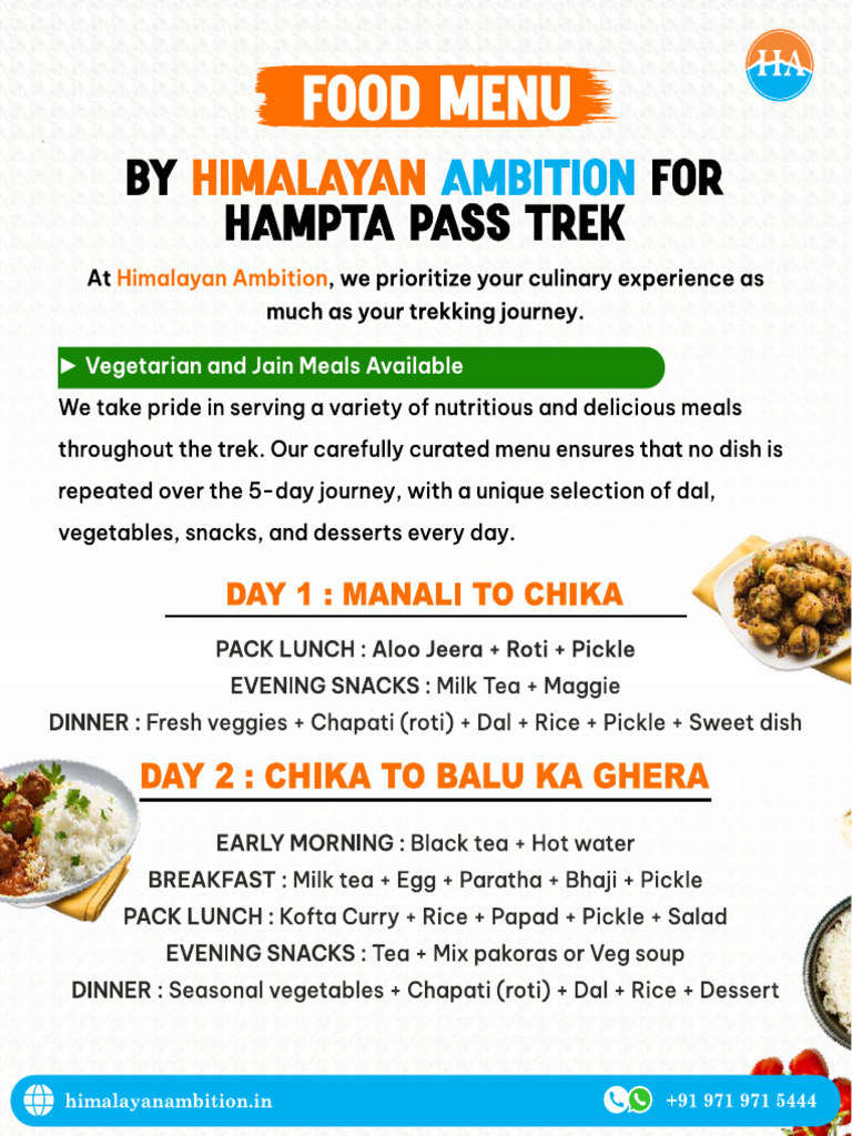 Hampta Pass Food Menu - Himalayan Ambition | PDF