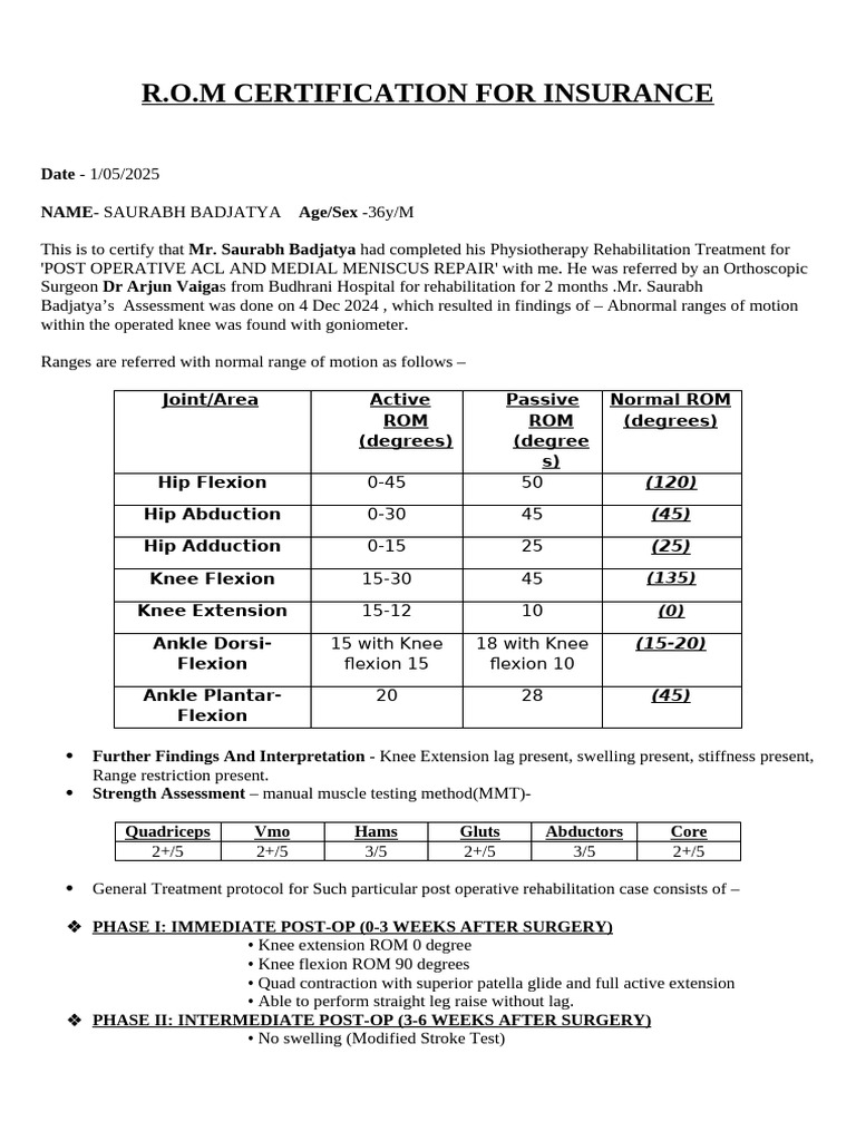 R.O.M Certification for ACL Rehabilitation | PDF | Knee | Anatomical ...