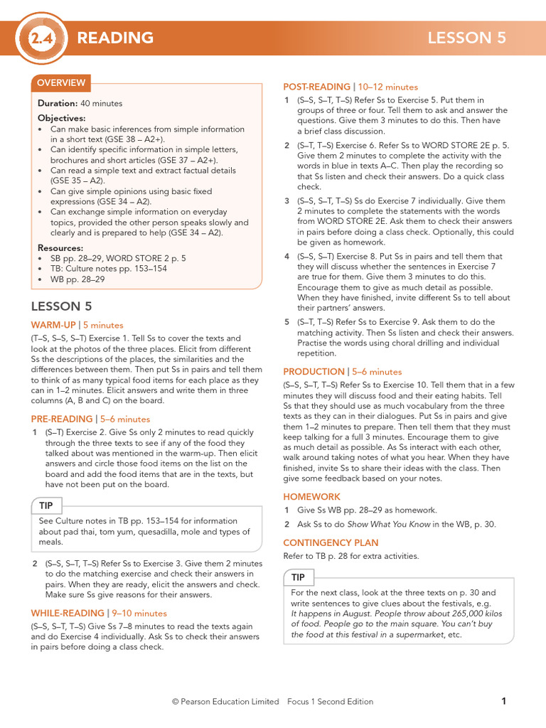 Focus1 2E Lesson Plans U2 Lesson 5 Reading | PDF | Learning | Human Communication