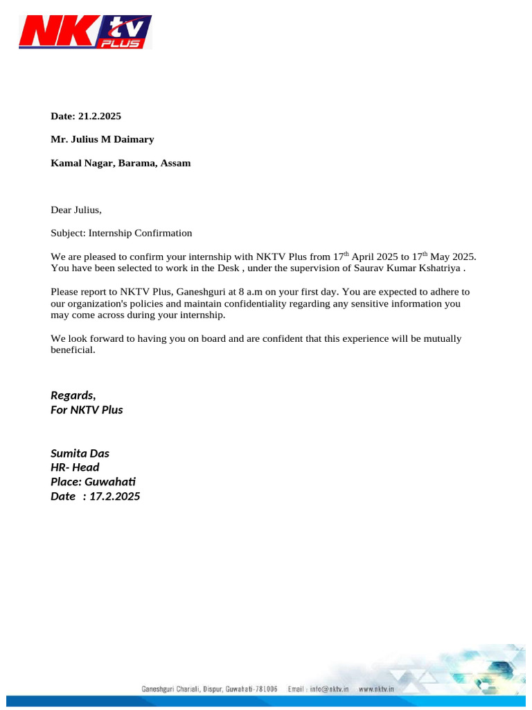 Internship Confirmation Letter_Julius | PDF