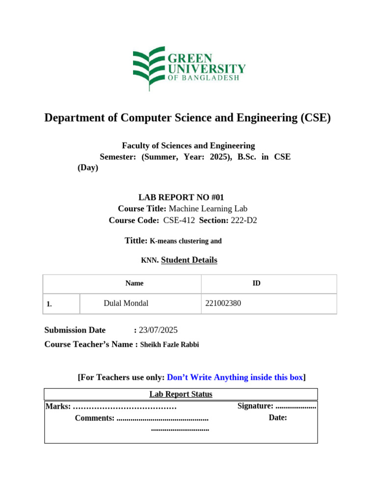 Dulal Mondal LabReport-01 | PDF | Algorithms And Data Structures | Machine Learning