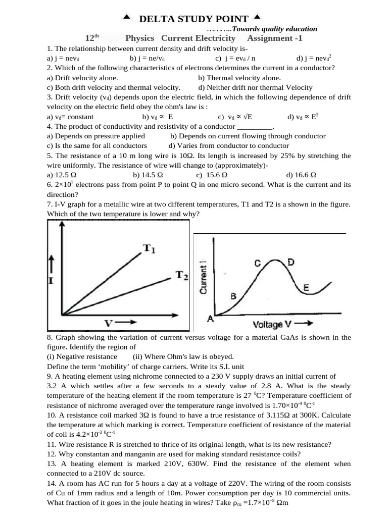 Class 12 Physics - Assignment 1 and 2 Current Electricity | PDF | Electrical Resistivity And ...