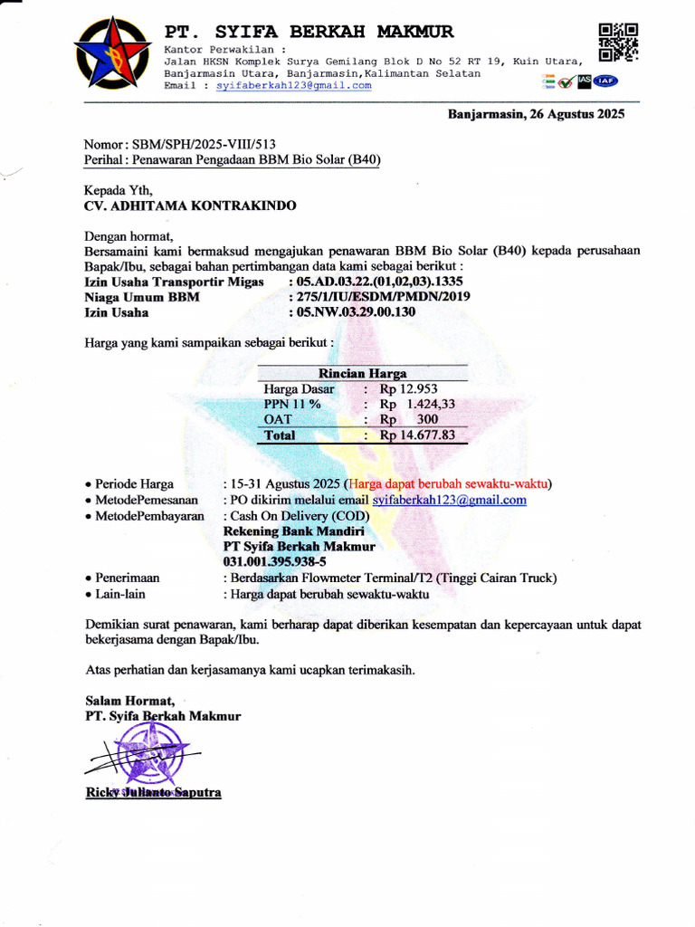 Penawaran BBM Bio Solar oleh PT Syifa | PDF