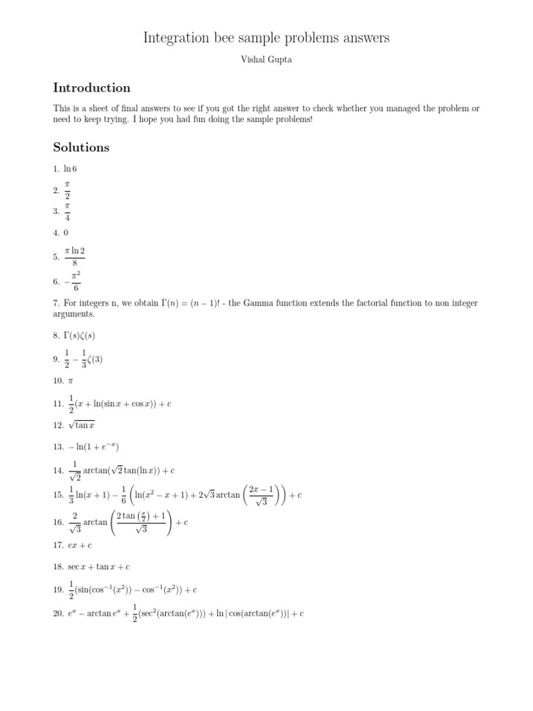 Integration Bee Sample Problems Answers | PDF