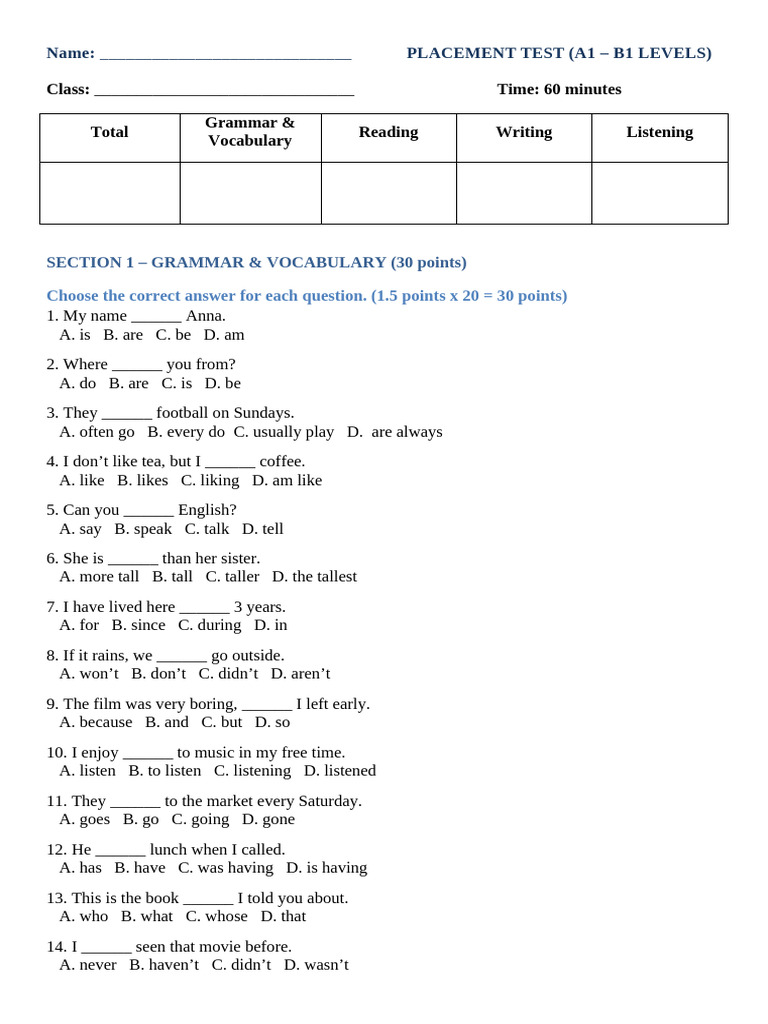 A1 Level English Placement Test | PDF | Tourism | Mental Health