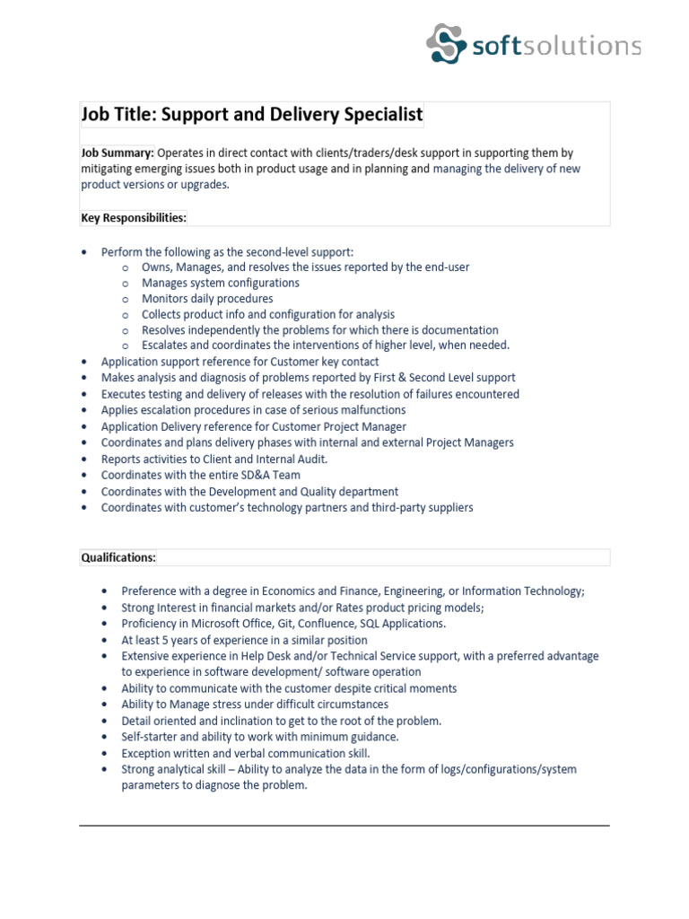 SDO Job Profile: Support and Delivery Specialist | PDF