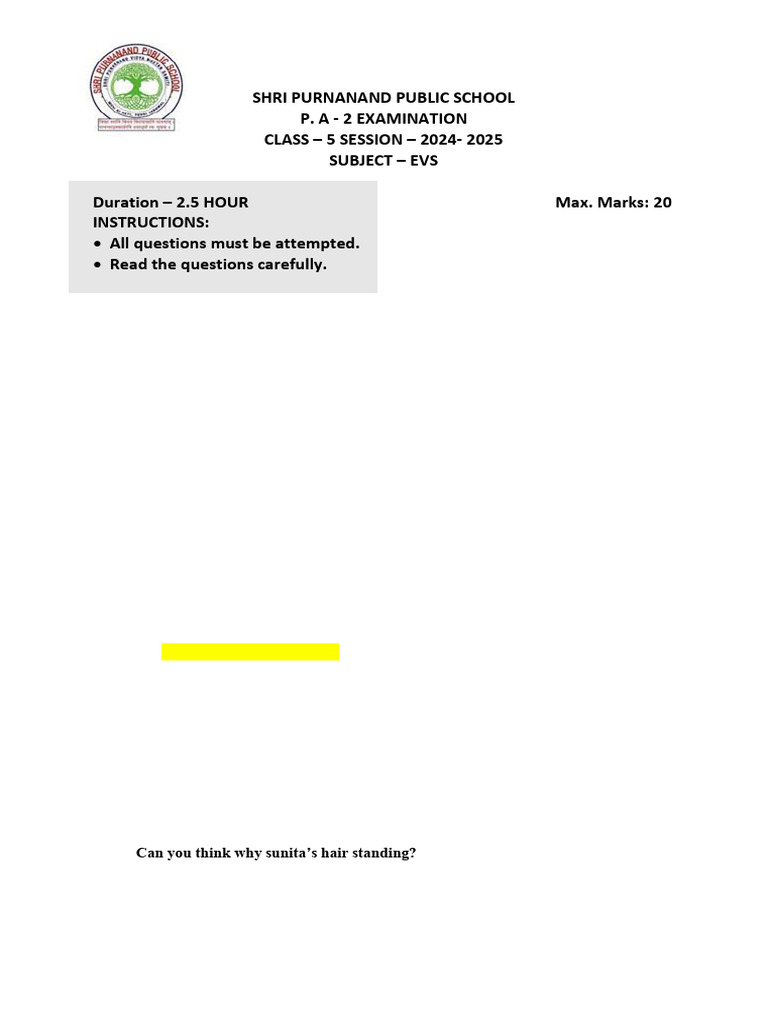 Class 5 EVS P.A. Exam Paper 2024-25 | PDF