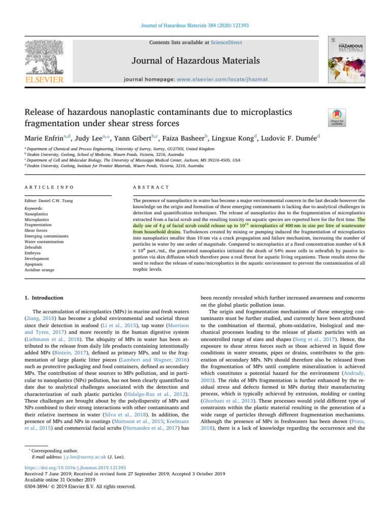 Nanoplastics from Microplastics Fragmentation | PDF | Fracture | Adsorption