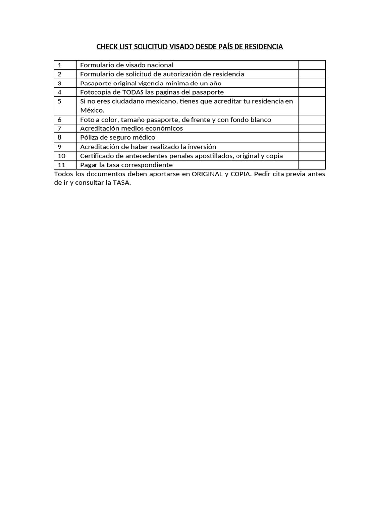 Modelo Check List Solicitud Visado Desde País de Residencia | PDF