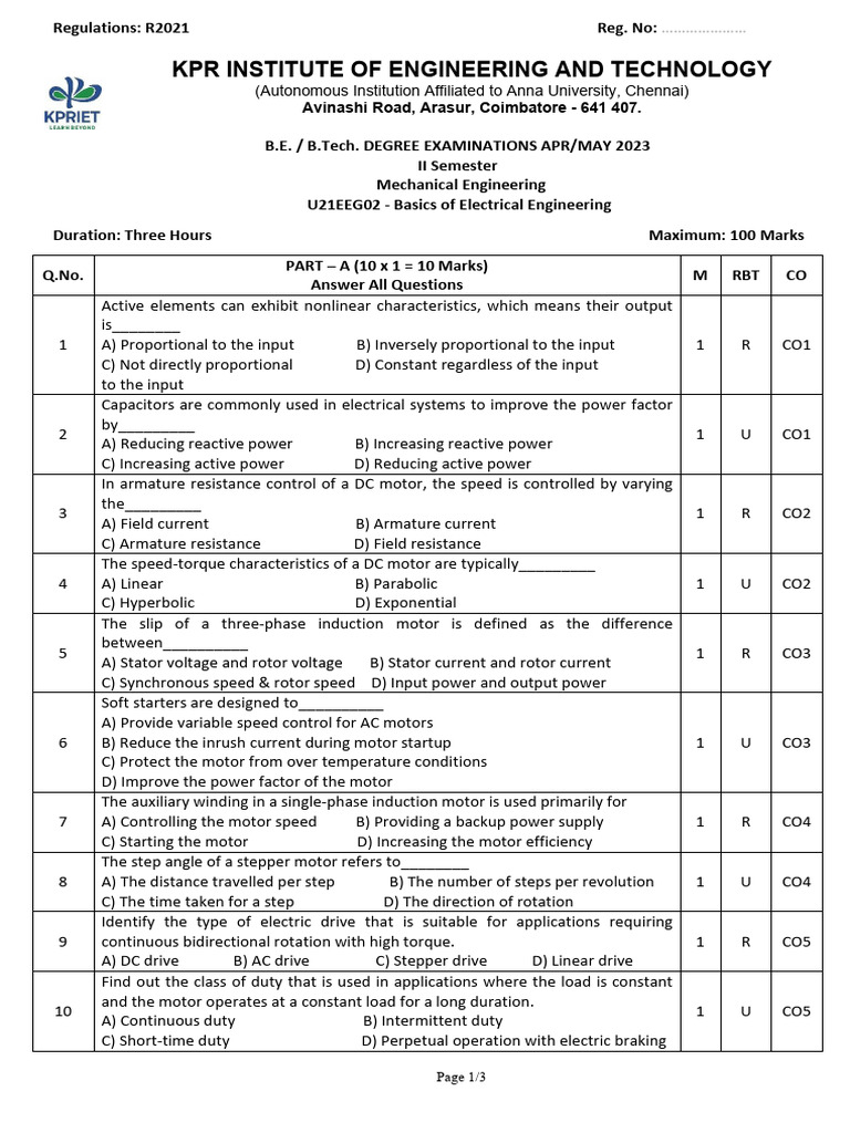 U21EEG02 - Basics of Electrical Engineering | PDF | Electric Motor ...