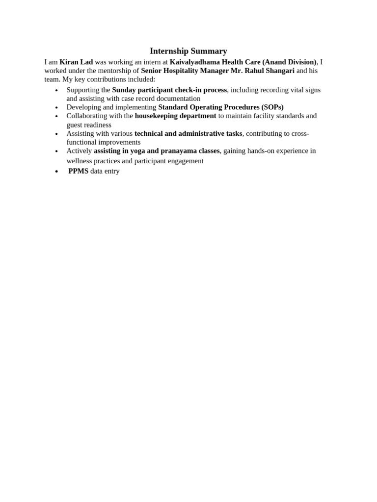 Kiran Internship Summary | PDF