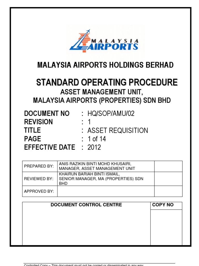 Standard Operating Procedure for Asset Requisition at Malaysia Airports ...