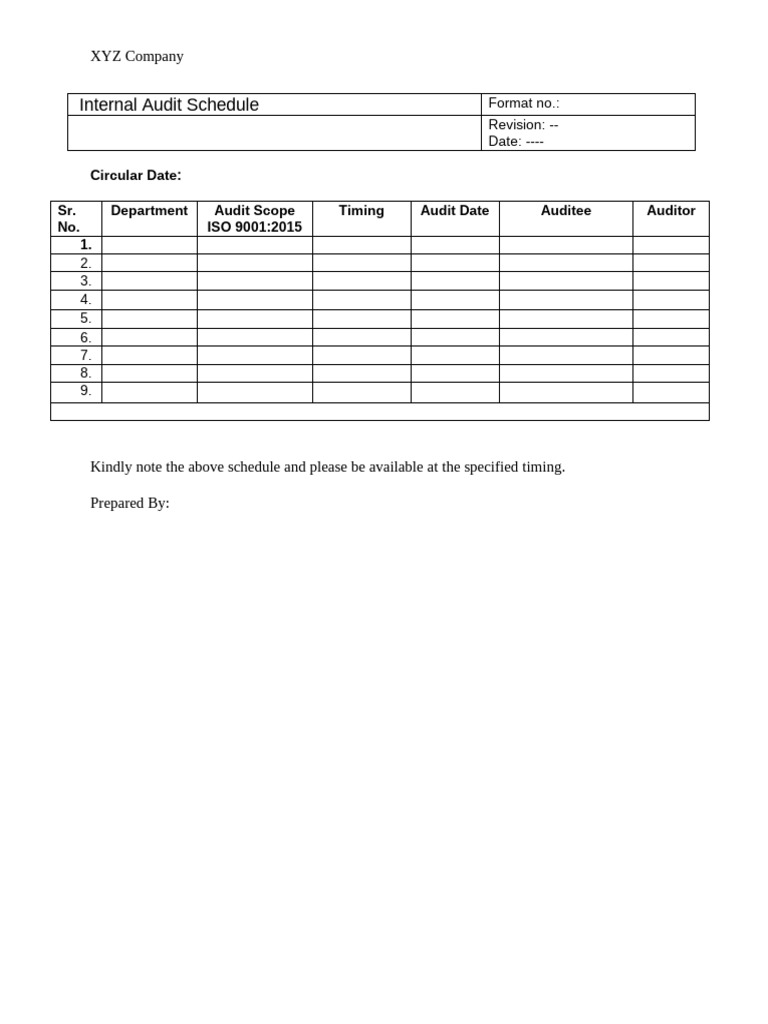 XYZ Company Internal Audit Schedule | PDF
