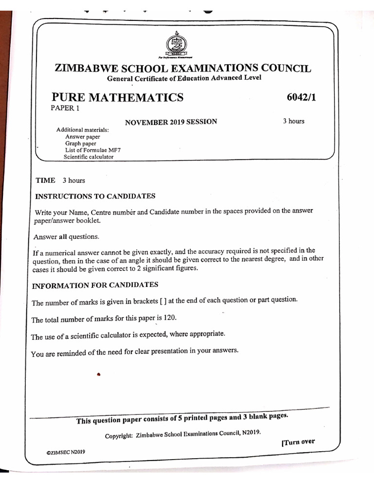 Zimsec A'level Maths N2019 P1 Full Paper | PDF