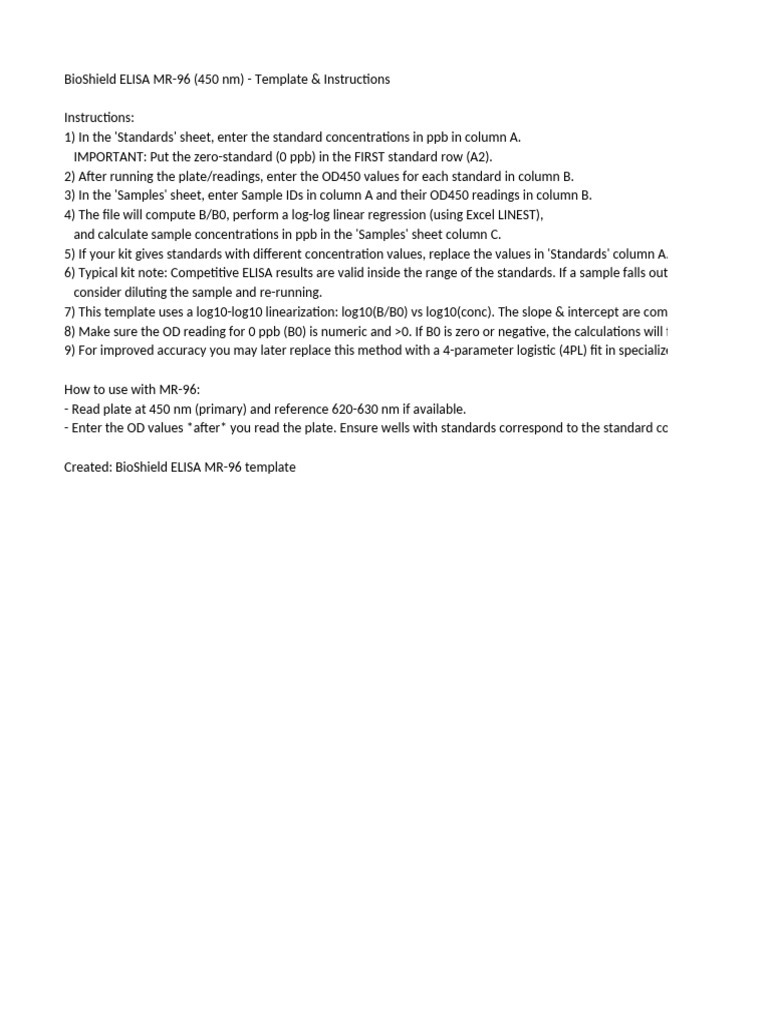 BioShield ELISA MR96 Template | PDF | Applied Mathematics | Statistical ...