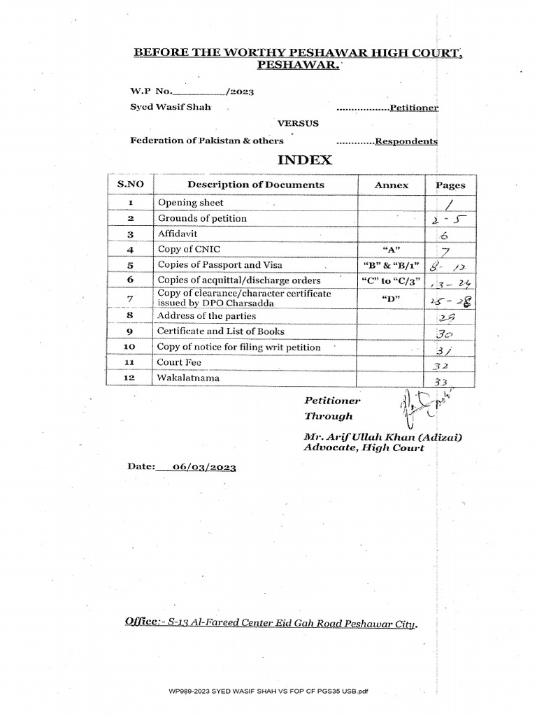 Wp989-2023 Syed Wasif Shah Vs Fop CF Pgs35 Usb | PDF