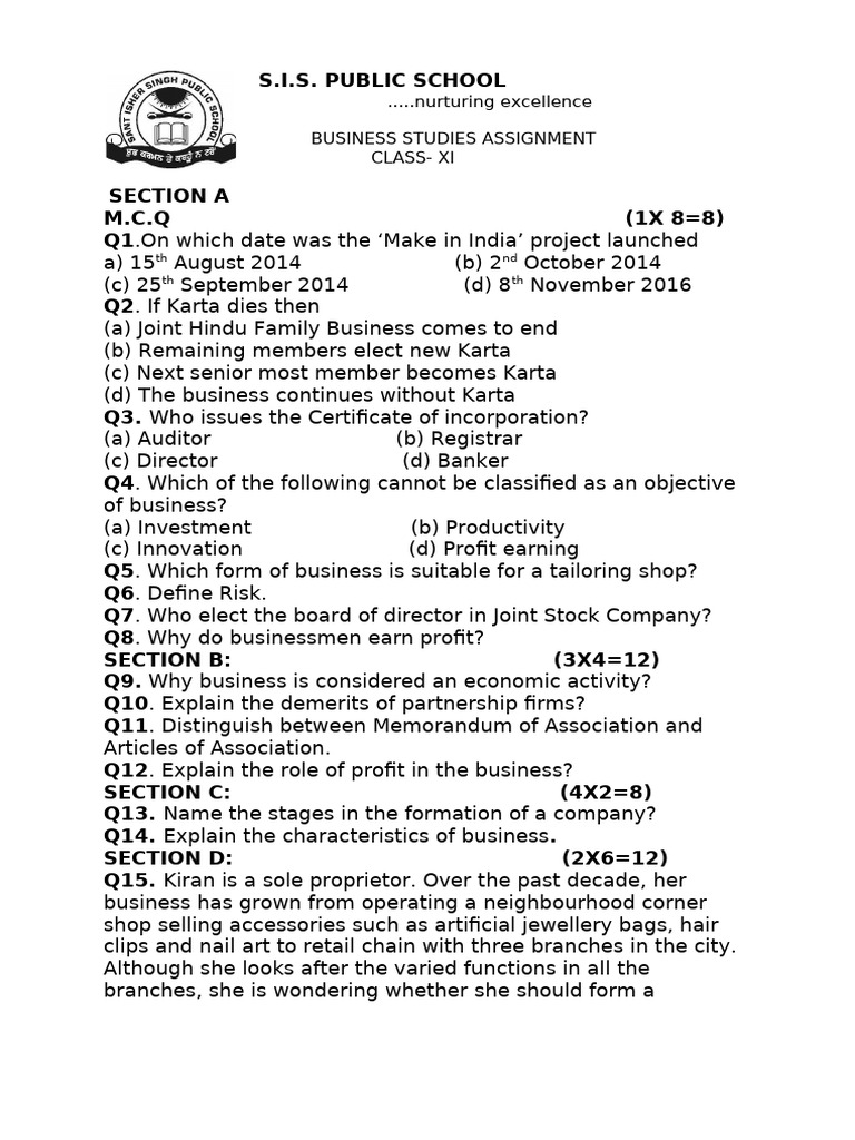 Class XI Business Studies Assignment | PDF