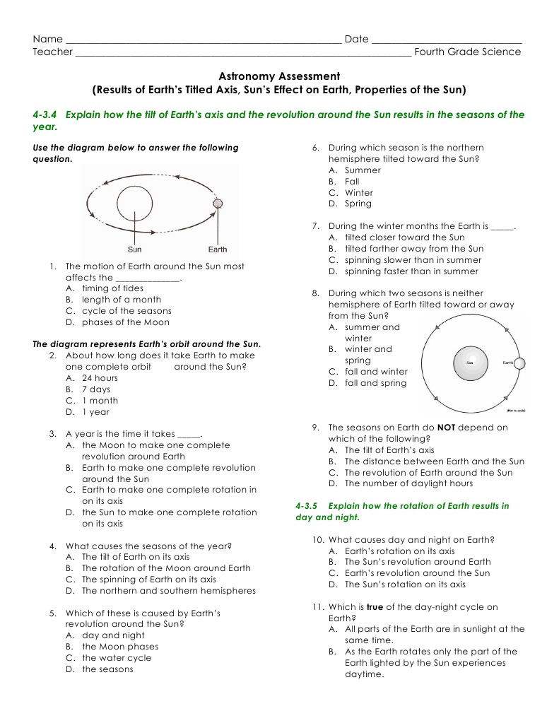 Astronomy Assessment Seasons-Day and Night | PDF | Earth | Sun
