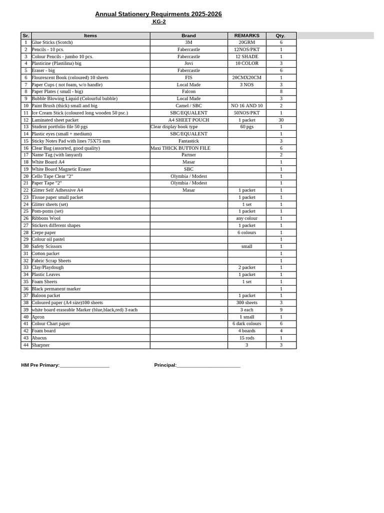 KG2 Annual Stationery List 2025-2026 | PDF | Stationery | Materials