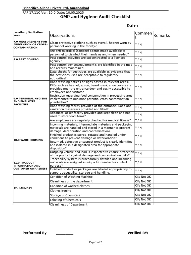 FAf 17.11C GMP Audit Checklist | PDF | Hand Washing | Hygiene