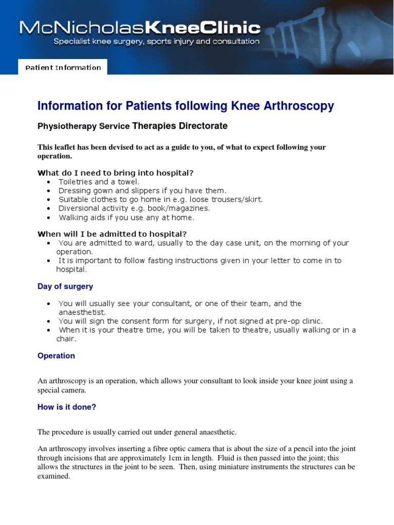 Information For Patients Following Knee Arthroscopy: Therapies ...