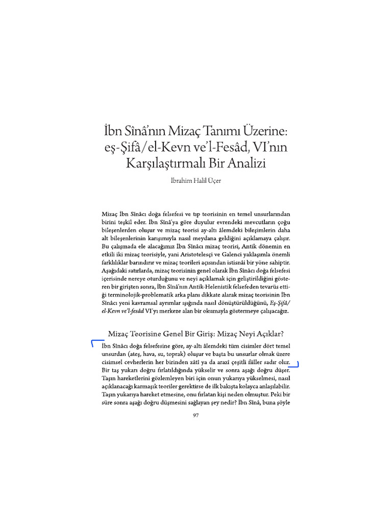 Ibn Sinanin Mizac Tanimi Uzerine Es Sifa | PDF
