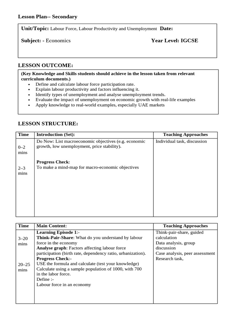 Lesson Plan - Macroeconomic Objectives | PDF | Unemployment | Labour ...