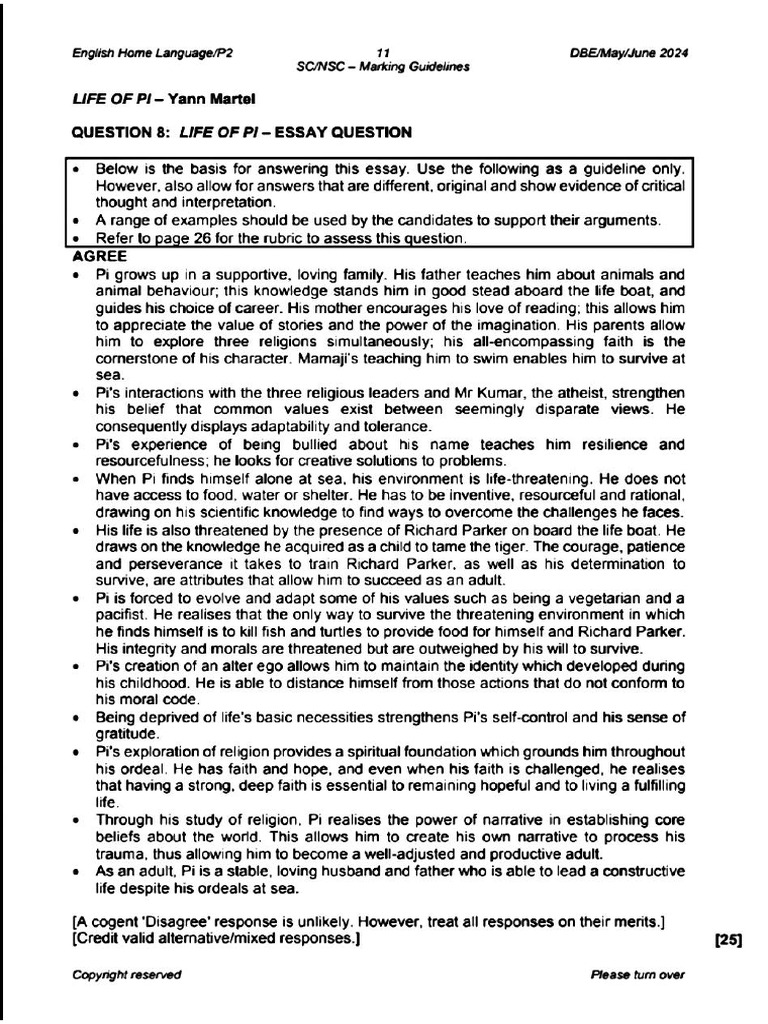 Life of Pi Grade 12 Exam Questions | PDF