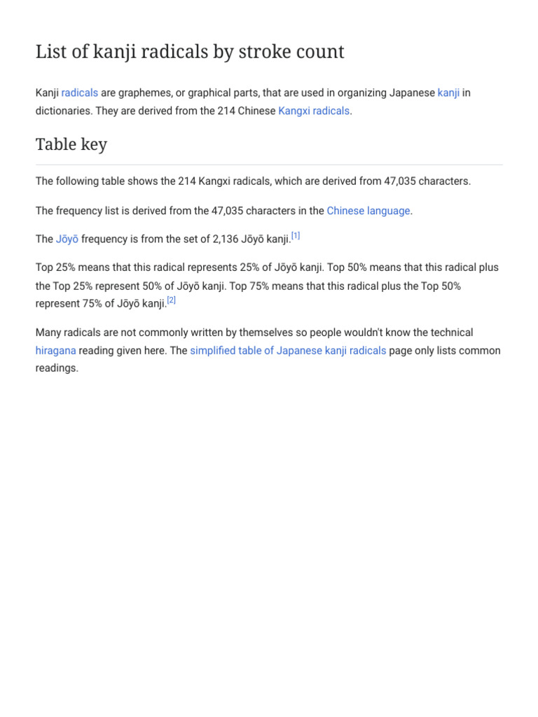 List of Kanji Radicals by Stroke Count - Wikipedia | PDF