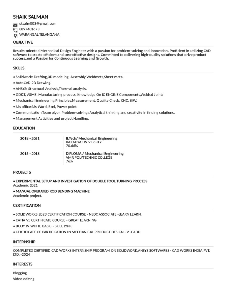 Mechanical Shaik D - Resume. | PDF