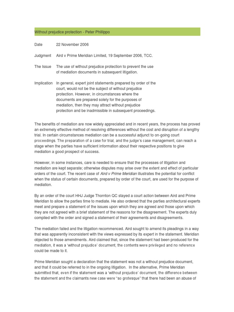 Without Prejudice Protection | PDF | Mediation | Prejudice (Legal Term)